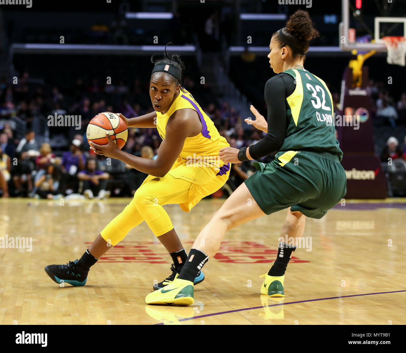 Los Angeles Sparks guard Chelsea Gray #12 making a move Seattle Storm ...