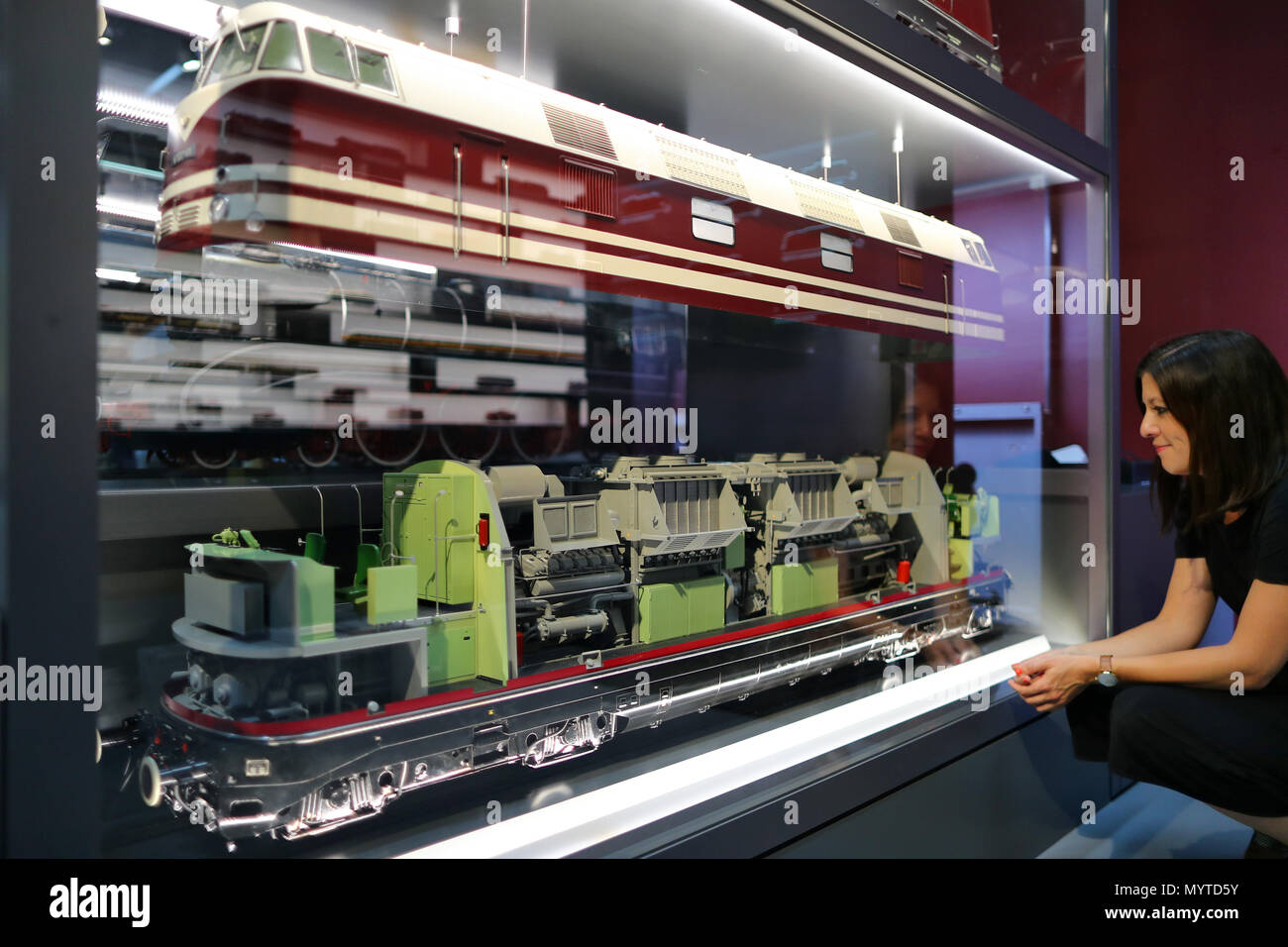 05 June 2018, Germany, Nuremberg: An open 1:10 model of the locomotive ...
