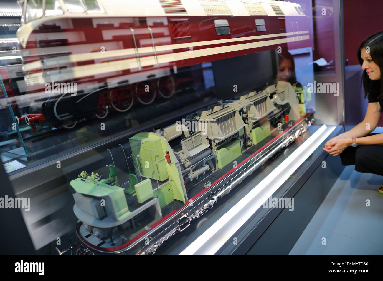 05 June 2018, Germany, Nuremberg: An open 1:10 model of the locomotive ...