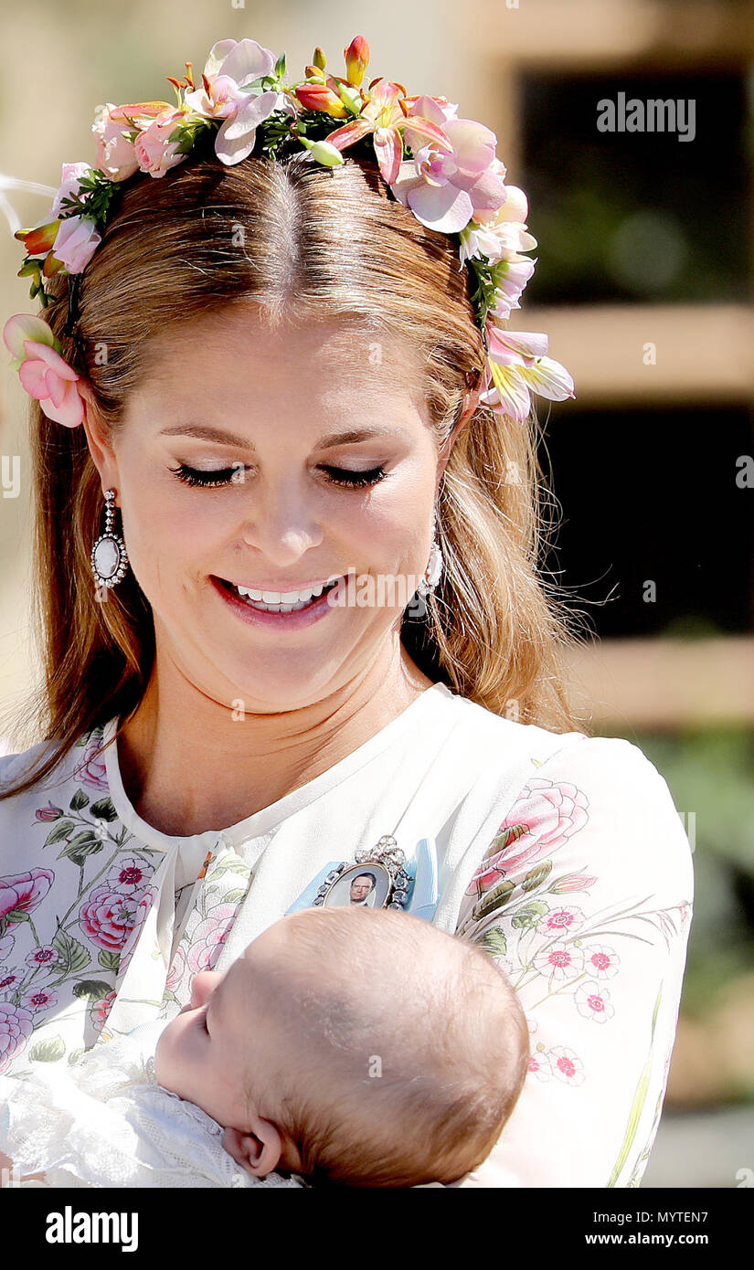 Princess Madeleine and Princess Adrienne of Sweden posing for the press ...