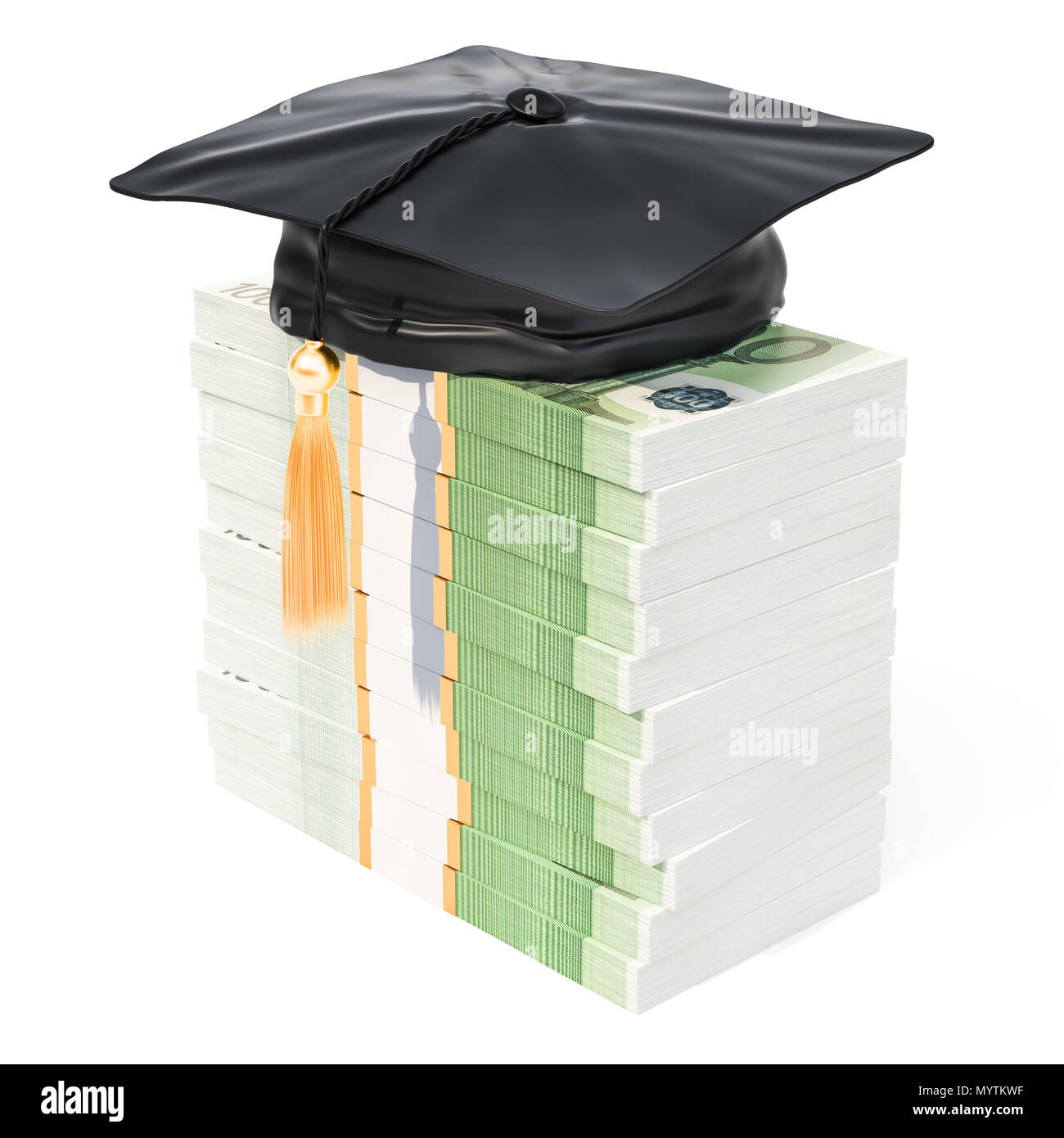 Graduation cap on the euro packs, 3D rendering isolated on white ...