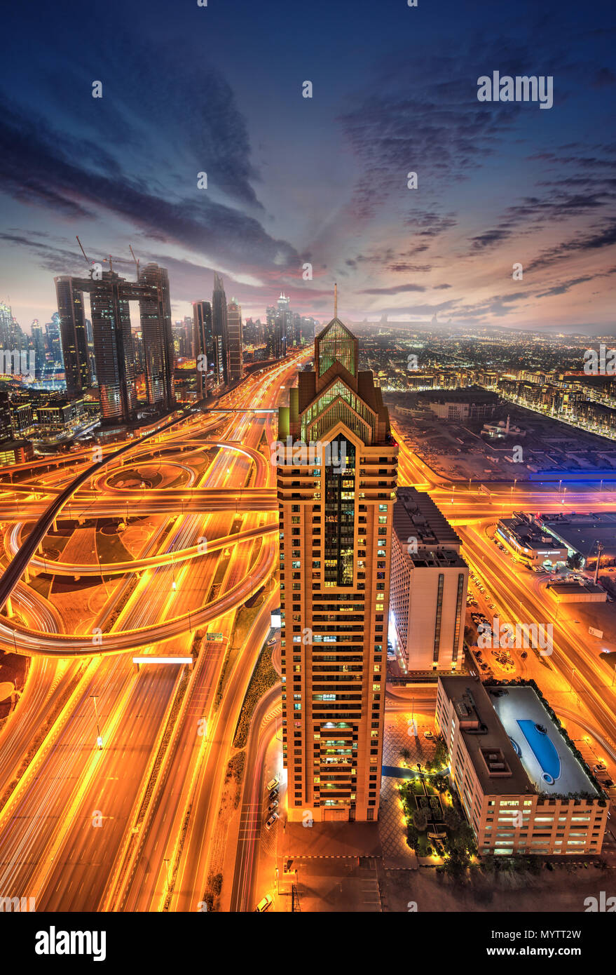 Dubai sunset panoramic view of downtown. Dubai is super modern city of ...