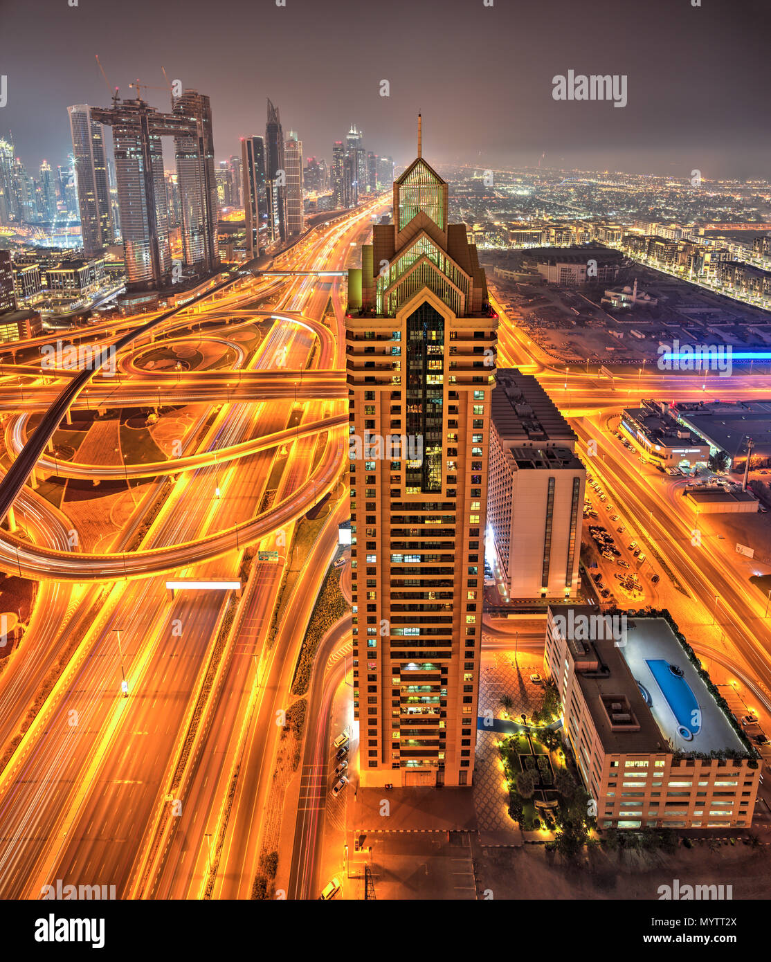 Dubai sunset panoramic view of downtown. Dubai is super modern city of ...