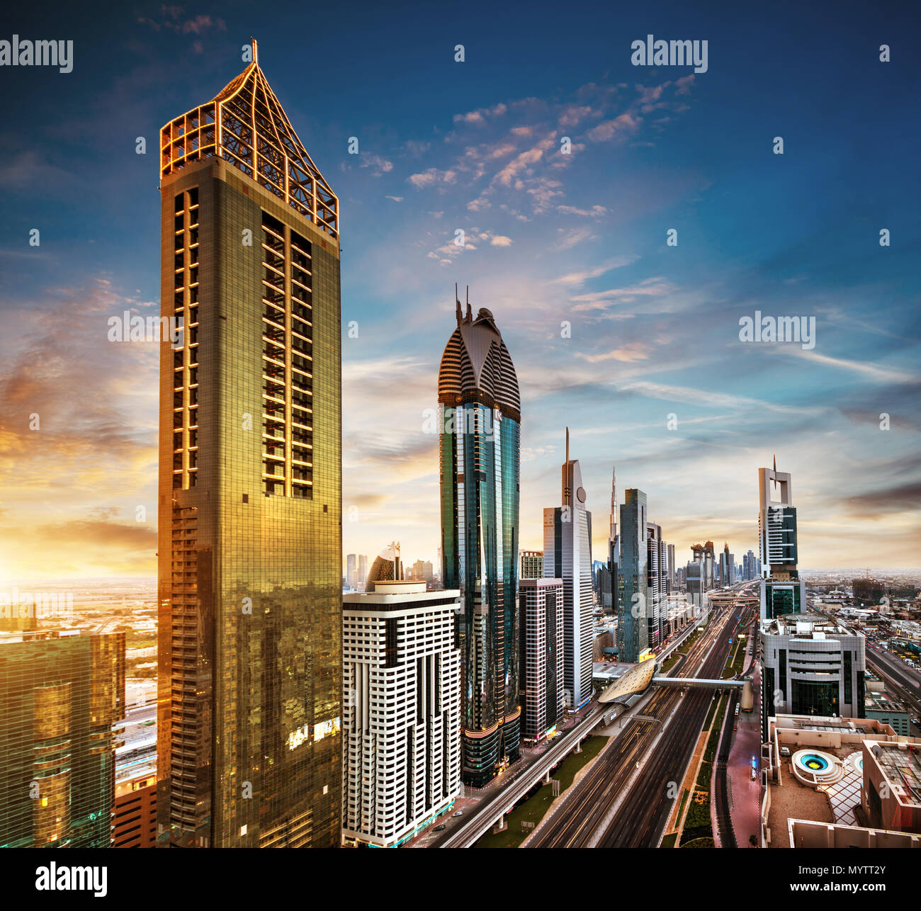Dubai sunset panoramic view of downtown. Dubai is super modern city of ...