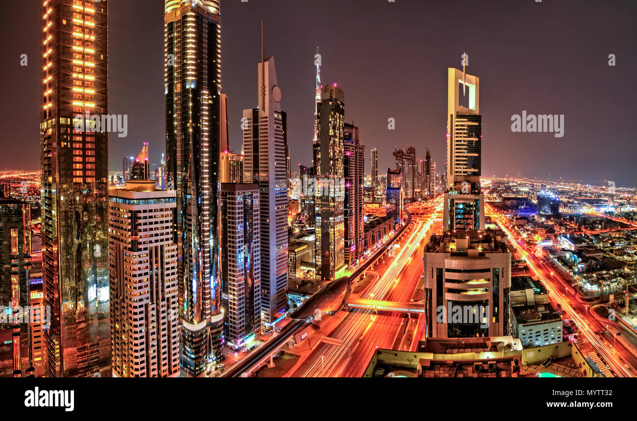 Dubai sunset panoramic view of downtown. Dubai is super modern city of ...