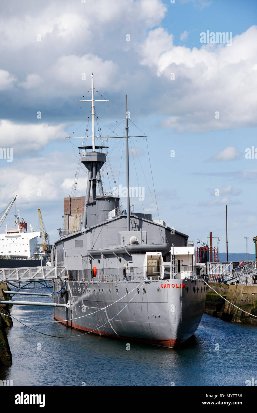 Stern view of HMS Caroline, a restored World War 1 battleship moored in ...