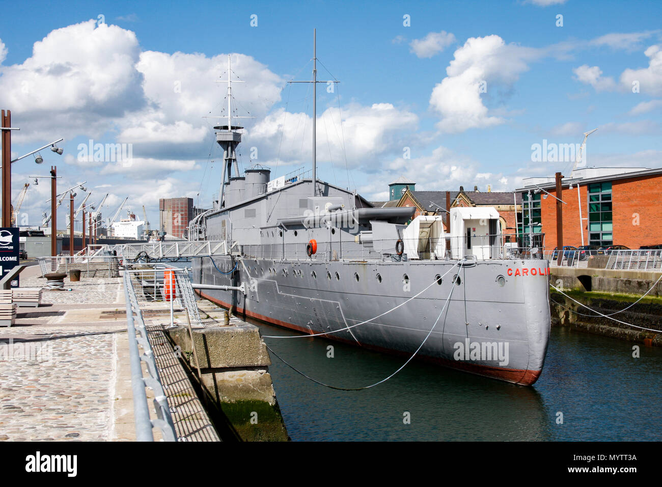 Stern view of HMS Caroline, a restored World War 1 battleship moored in ...