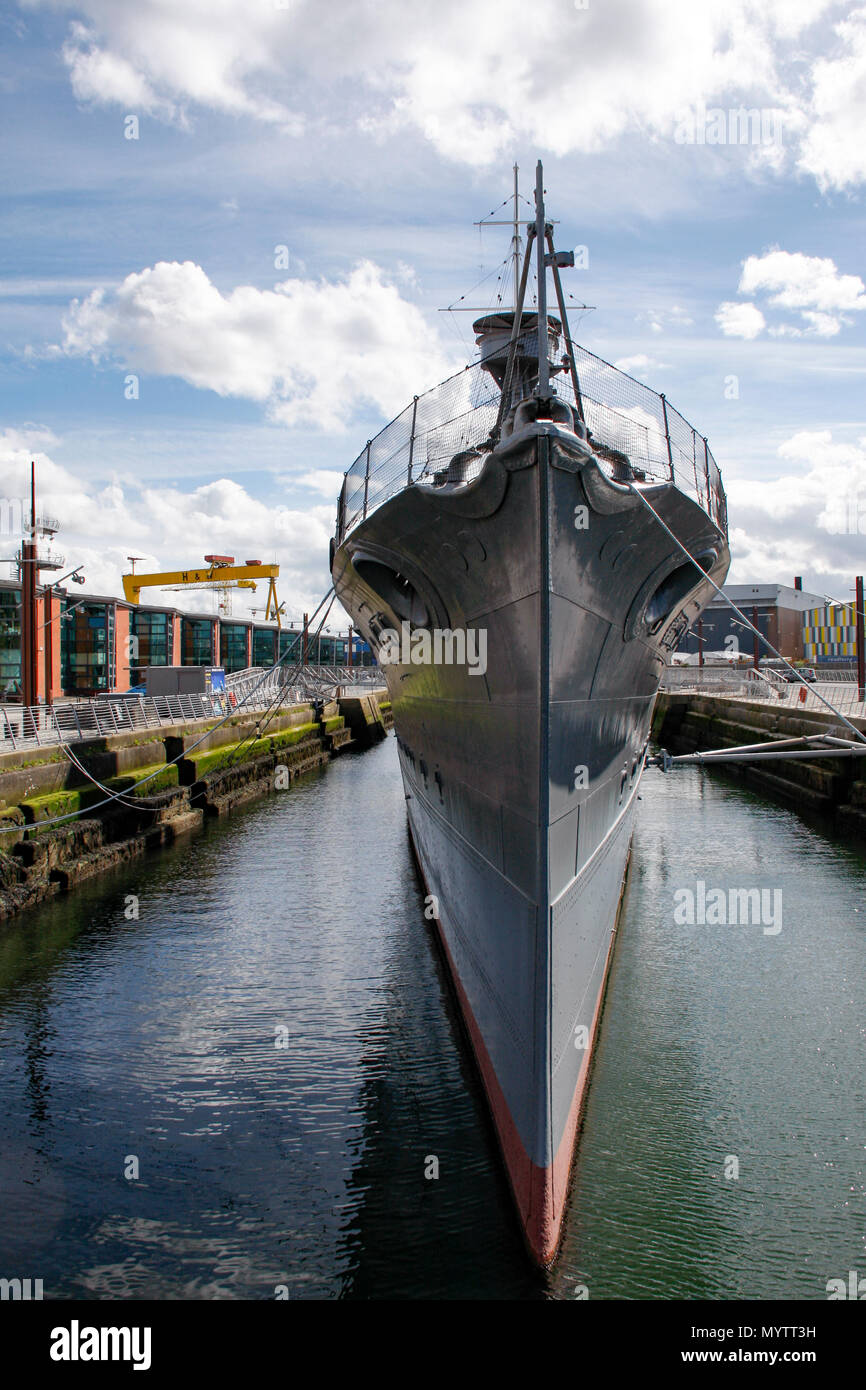 Bow view of HMS Caroline, a restored World War 1 battleship moored in ...