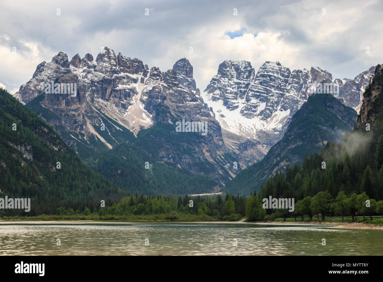 Alpine mountain lake Lago di Landro with Cristallo Group in the ...
