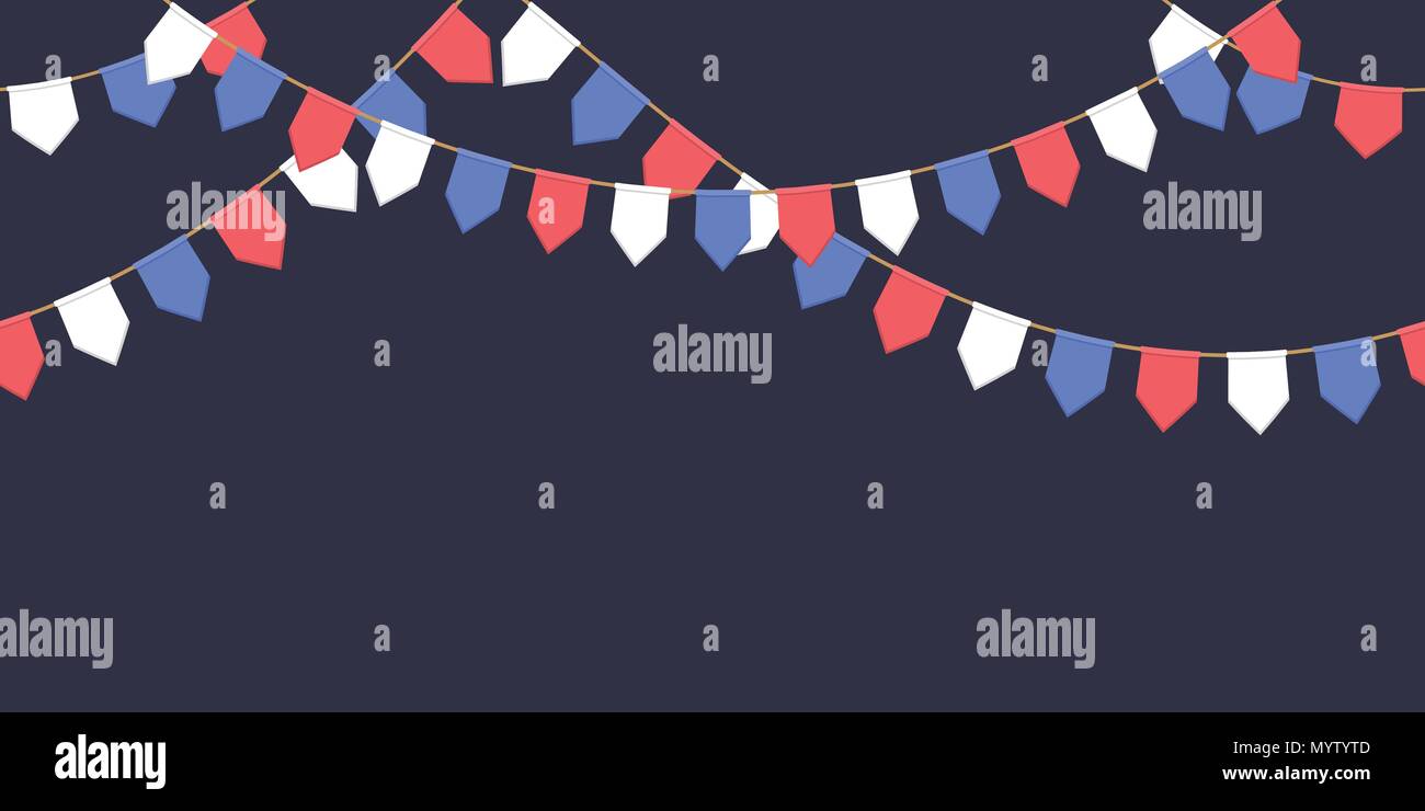 Seamless garland with celebration flags chain, white, blue, red pennons ...