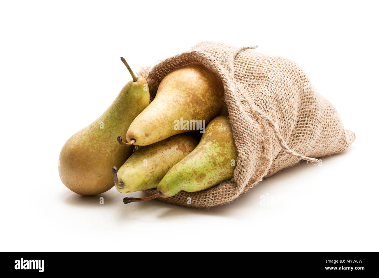Ripe Conference pears in sakcloth bag isolated on white Stock Photo - Alamy