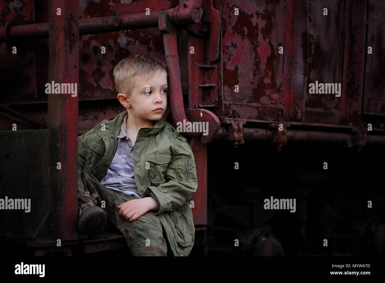 Little,sad boy. Child traveler, wanderer. Lost kid. Problems boy Stock ...