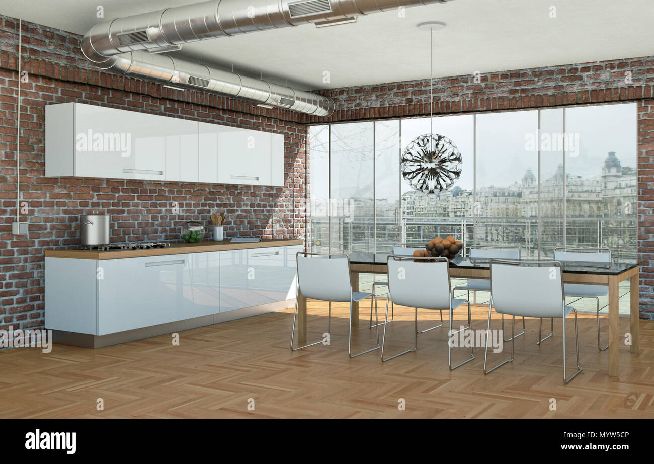 White modern kitchen in a loft with a beautiful design Stock Photo - Alamy
