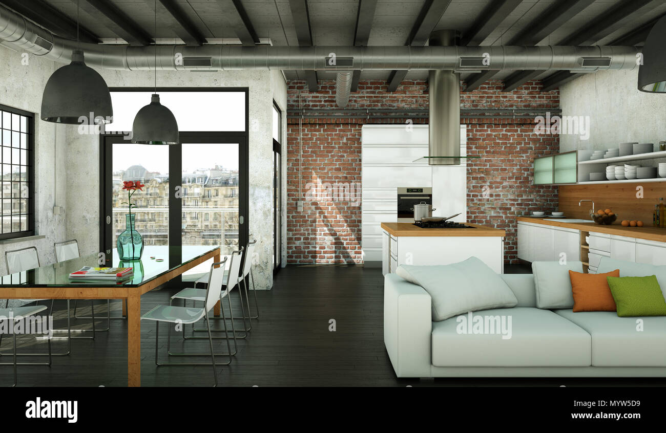 Modern minimalist living room interior in loft design style with sofas ...