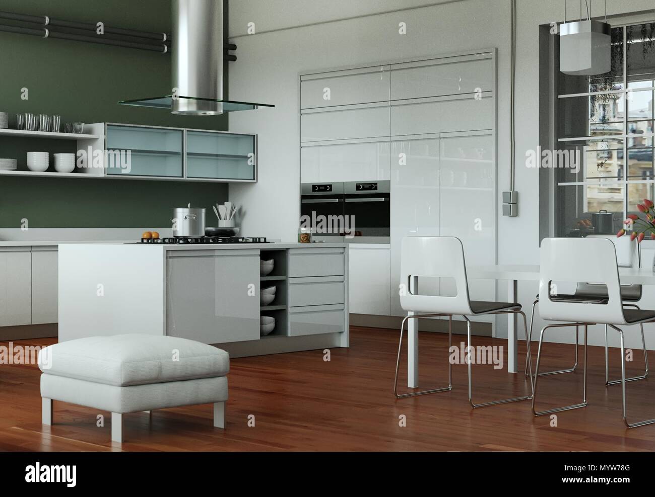 White modern kitchen in a loft with a beautiful design Stock Photo - Alamy