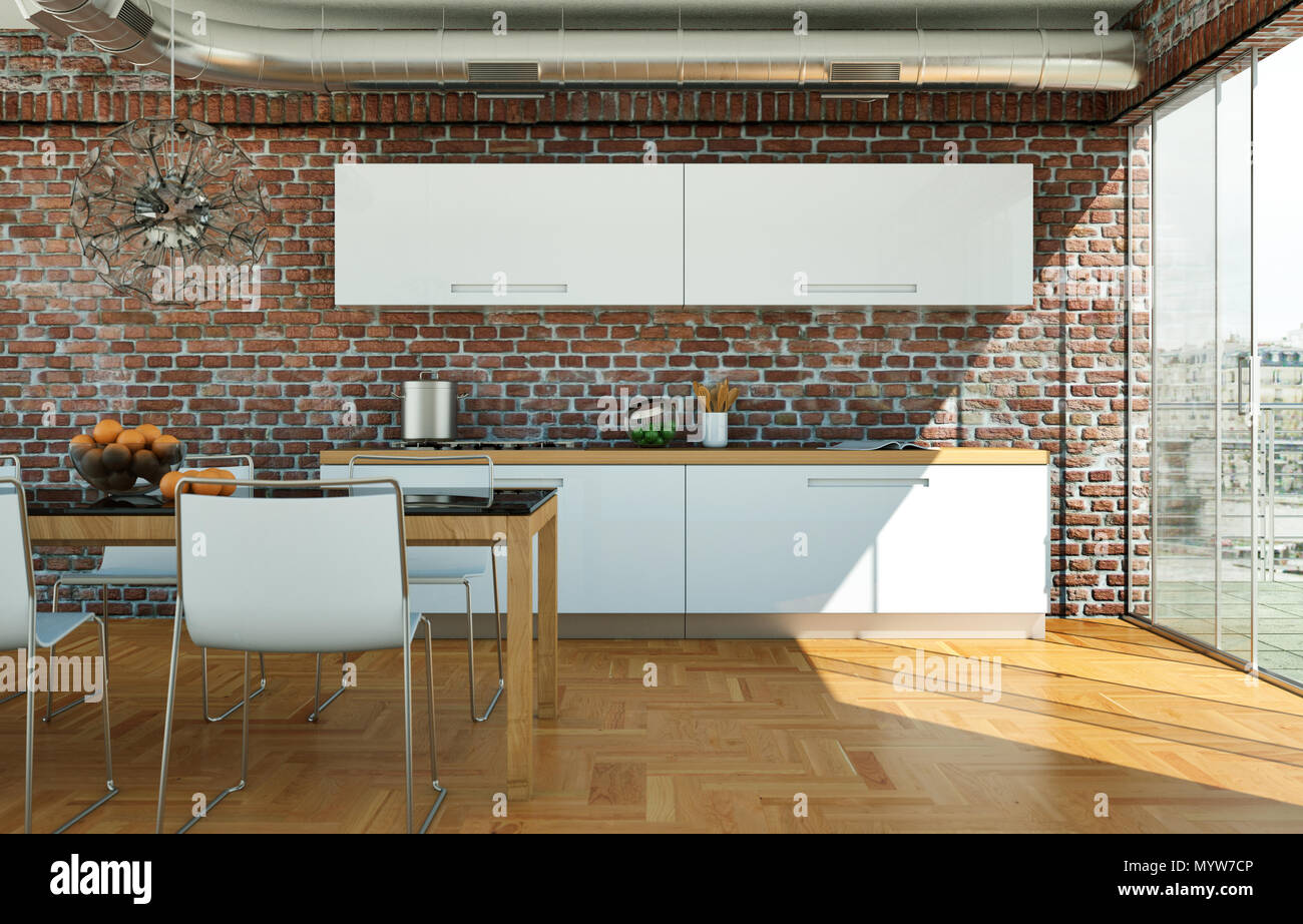 White modern kitchen in a loft with a beautiful design Stock Photo - Alamy