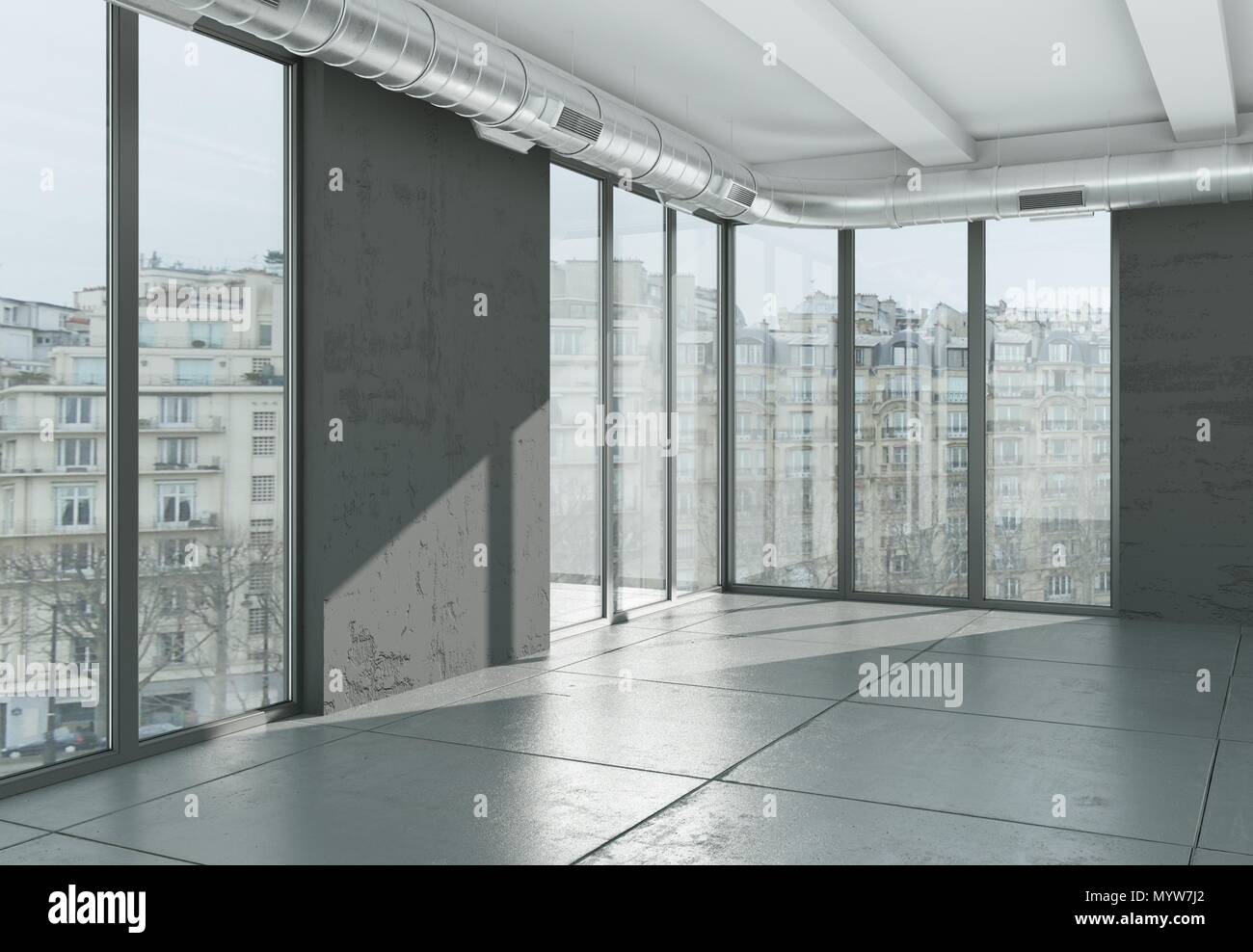 Empty loft room with white walls big windows and concrete floor Stock ...