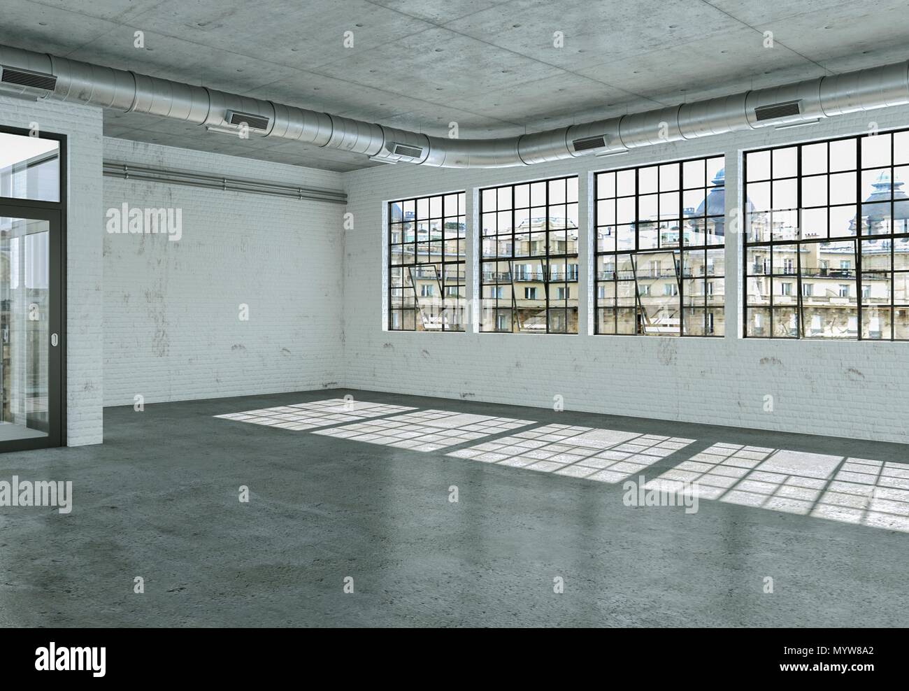 Empty loft room with white walls big windows and concrete floor Stock ...