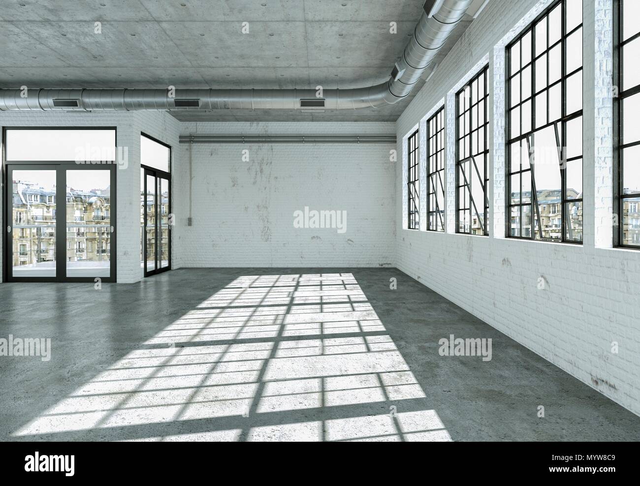 Empty loft room with white walls big windows and concrete floor Stock ...