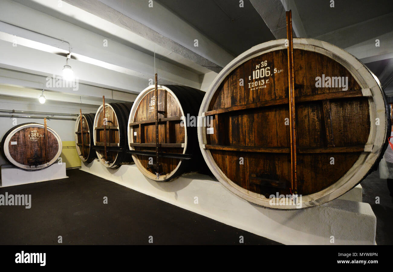 Cognac aging in oak barrels in the Shustov winery in Odessa Stock Photo ...