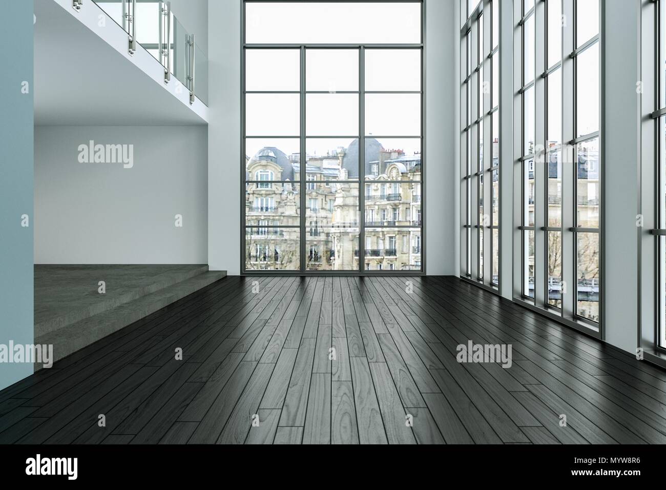 Empty loft room with white walls big windows and wooden floor Stock ...
