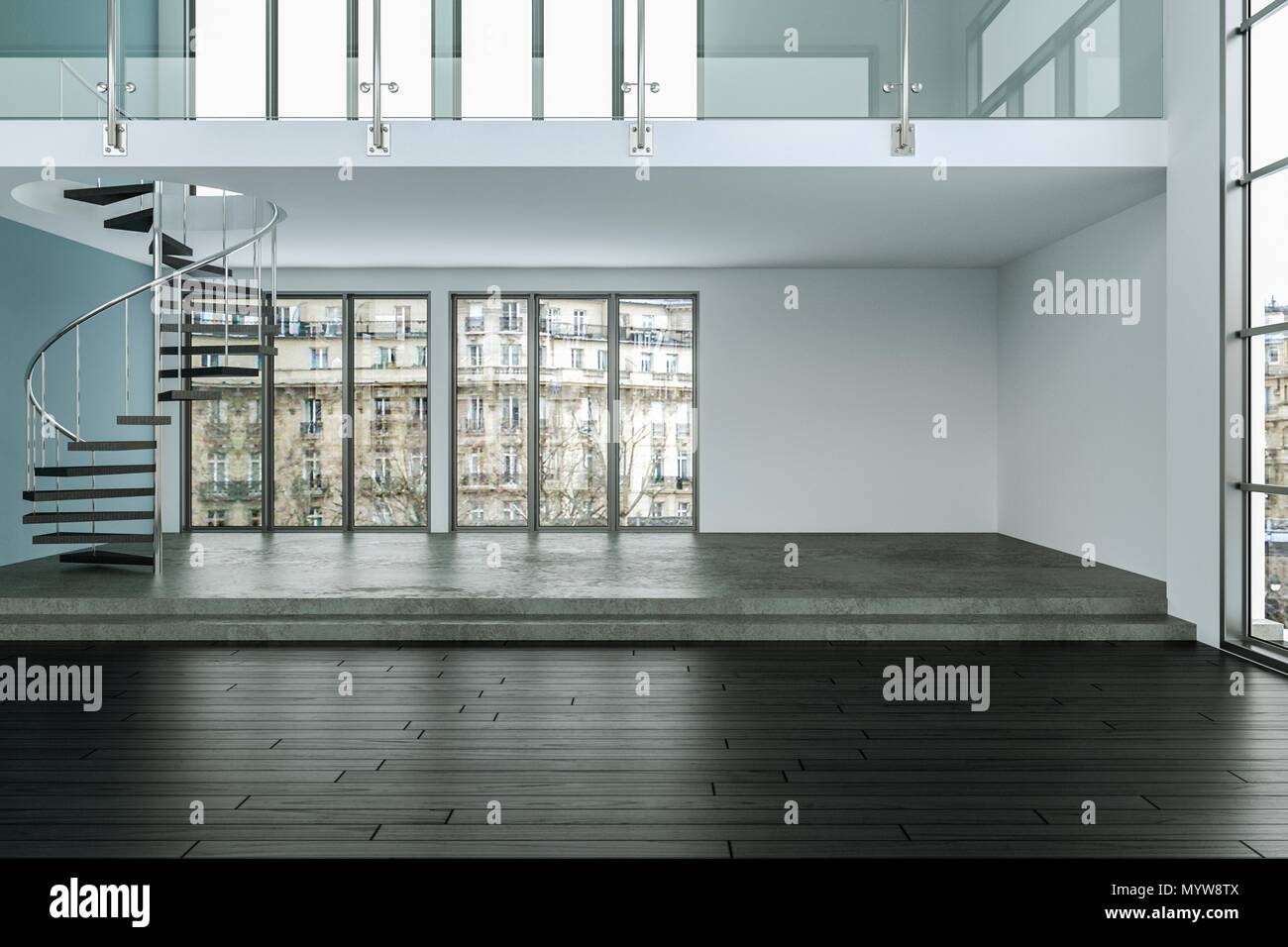 Empty loft room with white walls big windows and wooden floor Stock ...
