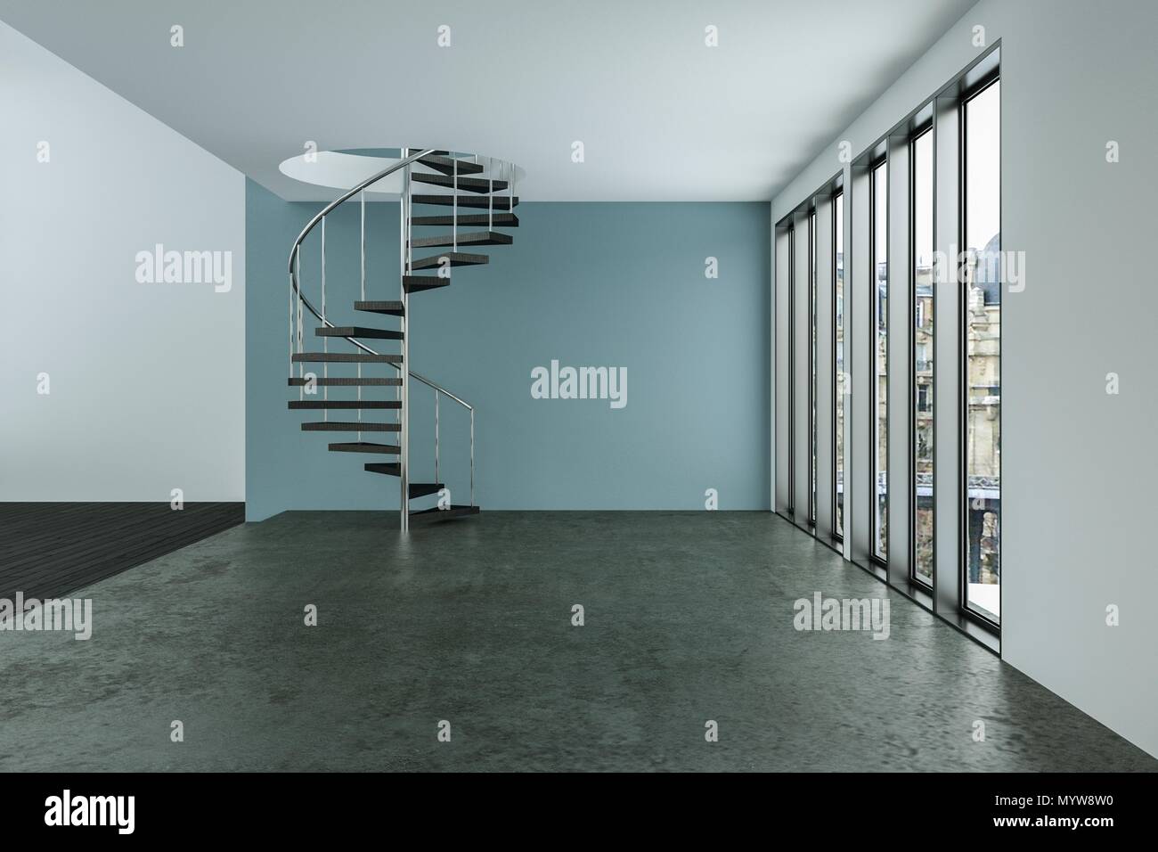 Empty loft room with white walls big windows and wooden floor Stock ...