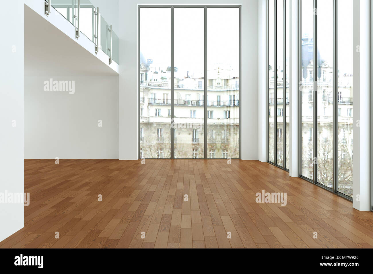 Empty loft room with white walls big windows and wooden floor Stock ...