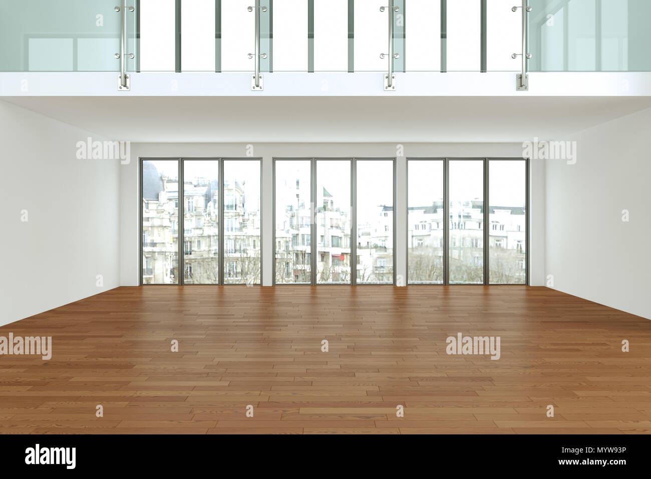 Empty loft room with white walls big windows and wooden floor Stock ...