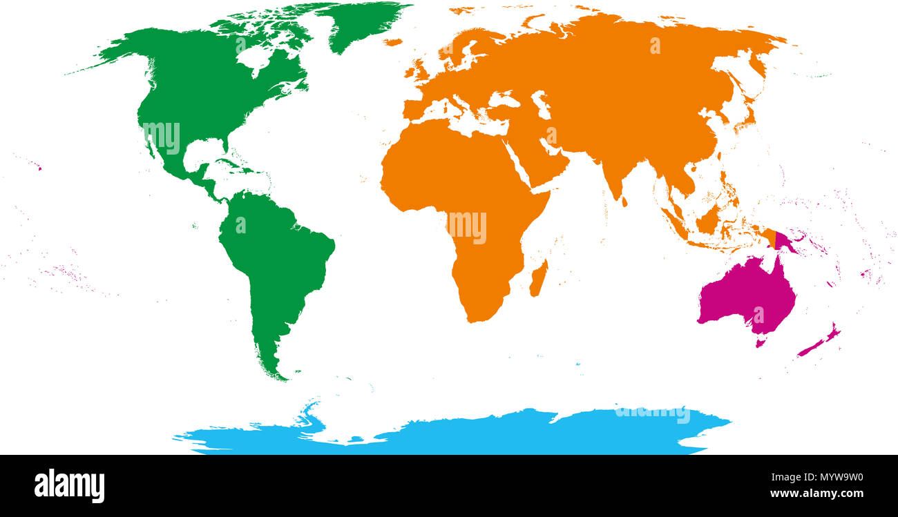 Four continents map. America, Africa-Eurasia, Australia and Antarctica ...