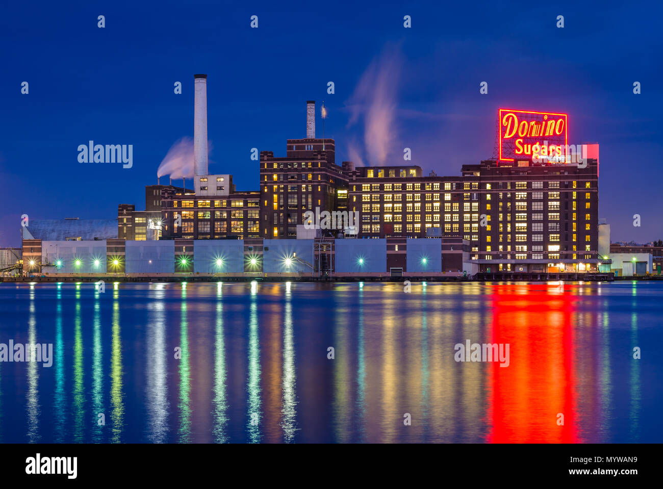 The Domino Sugars Factory at night, in Baltimore, Maryland Stock Photo ...
