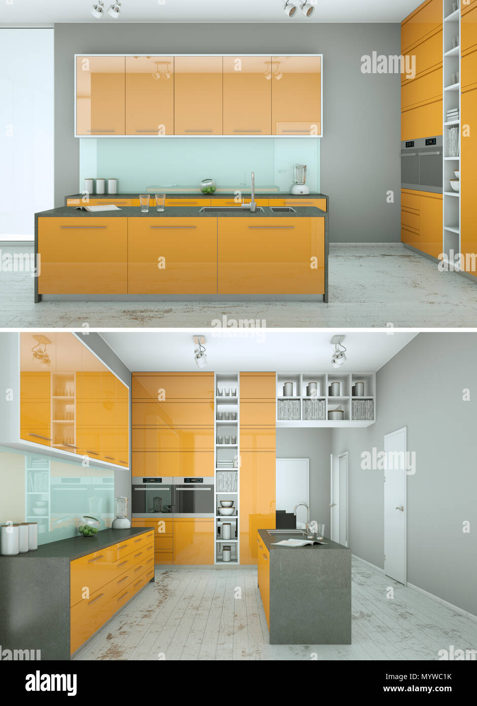 Two views of modern yellow kitchen Interior design Stock Photo - Alamy
