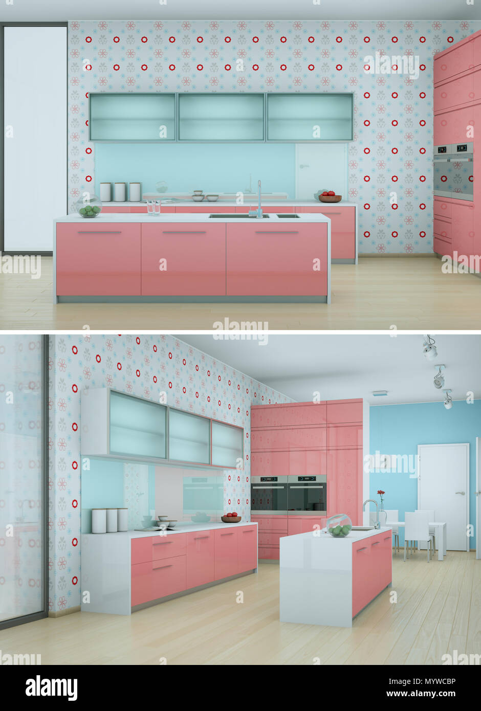 Two views of modern pink kitchen Interior design Stock Photo - Alamy