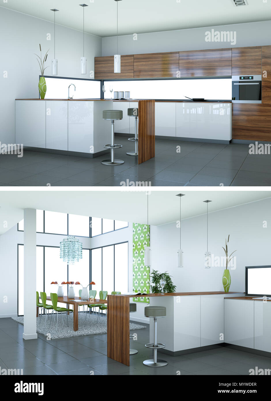 Two views of modern kitchen Interior design Stock Photo - Alamy