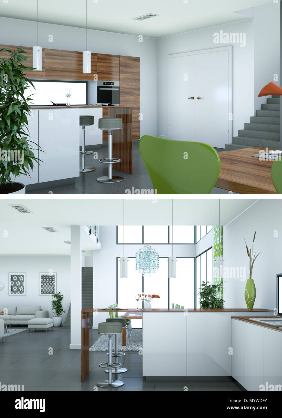 Two views of modern kitchen Interior design Stock Photo - Alamy