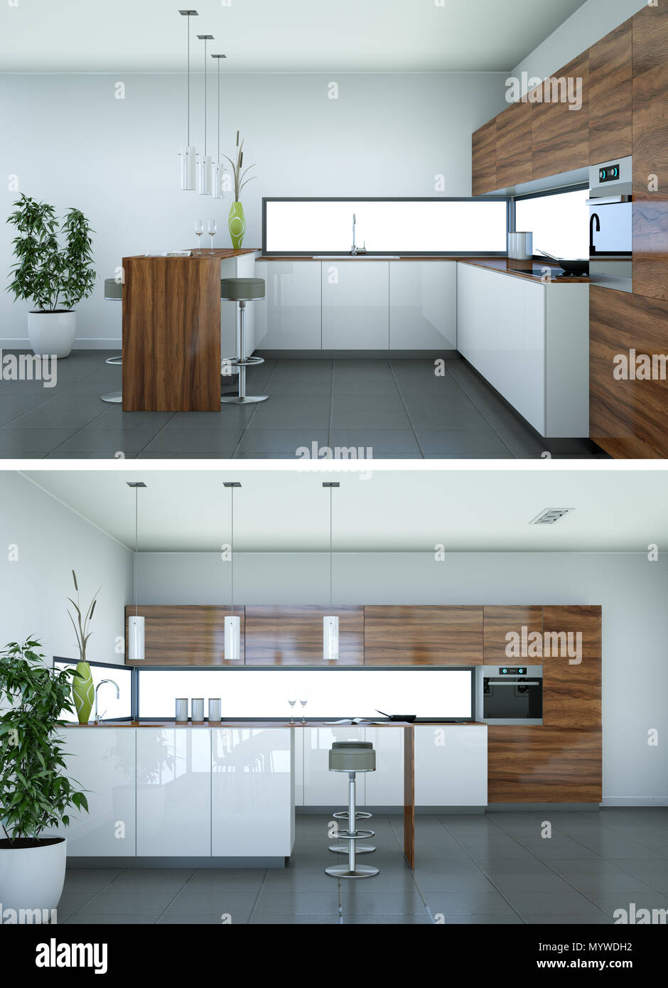 Two views of modern kitchen Interior design Stock Photo - Alamy