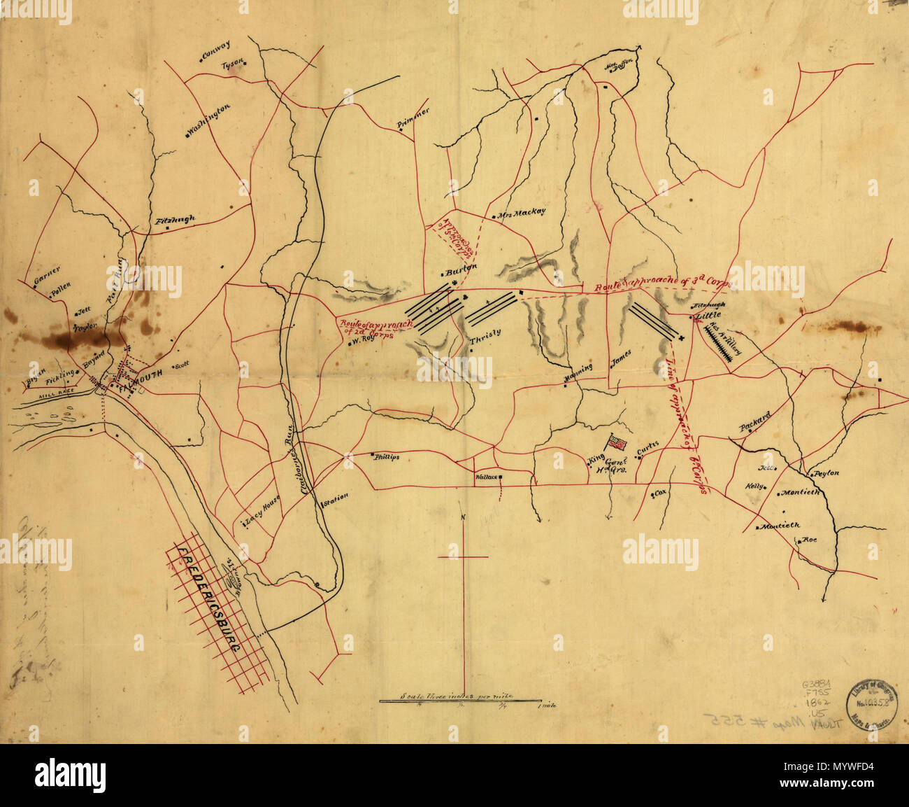 . English: Shows 'Genl. Hd Qrs.,' routes of approach of the 2nd, 3rd ...