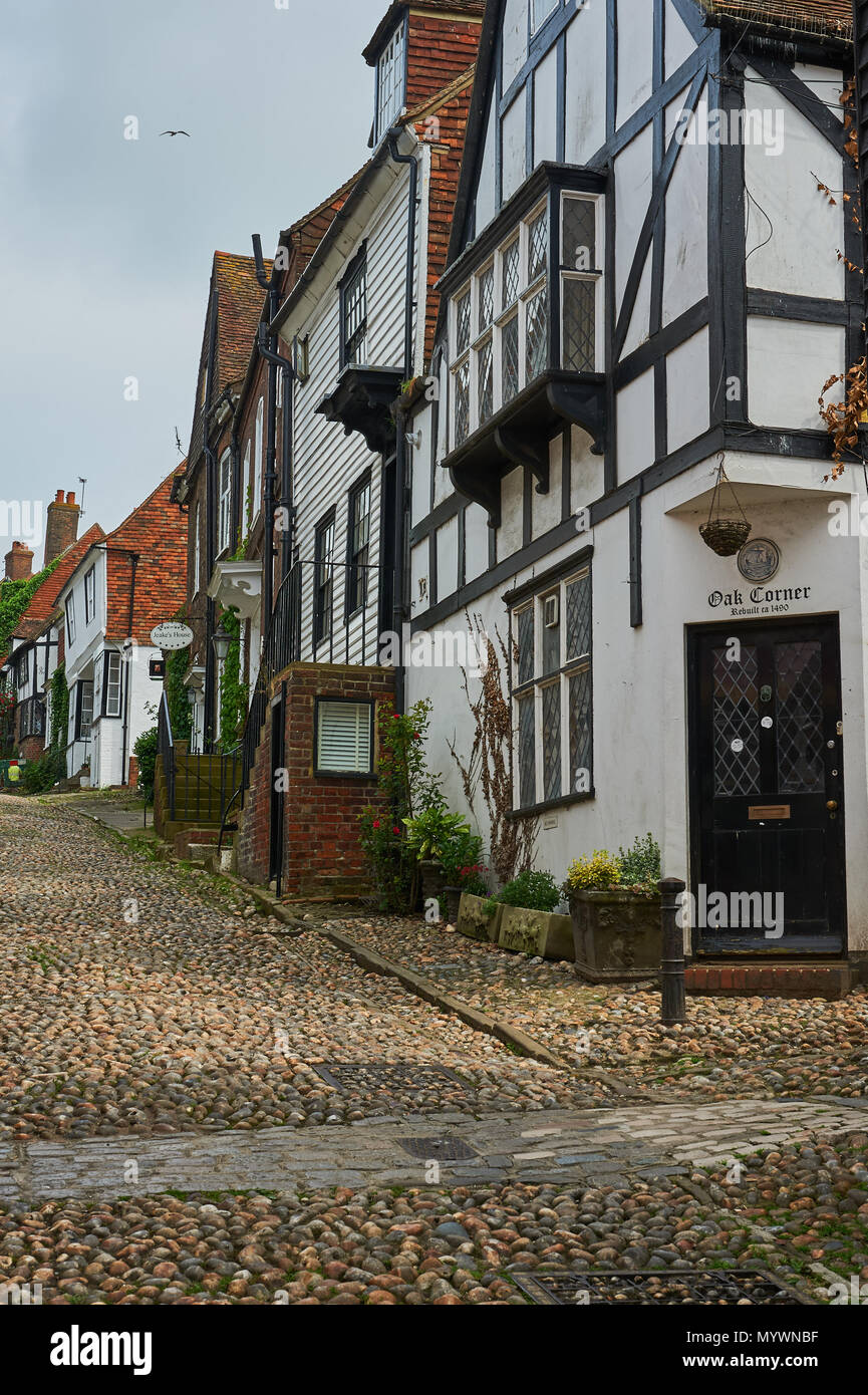 A mix of building style line the cobbled streets in the centre of Rye ...