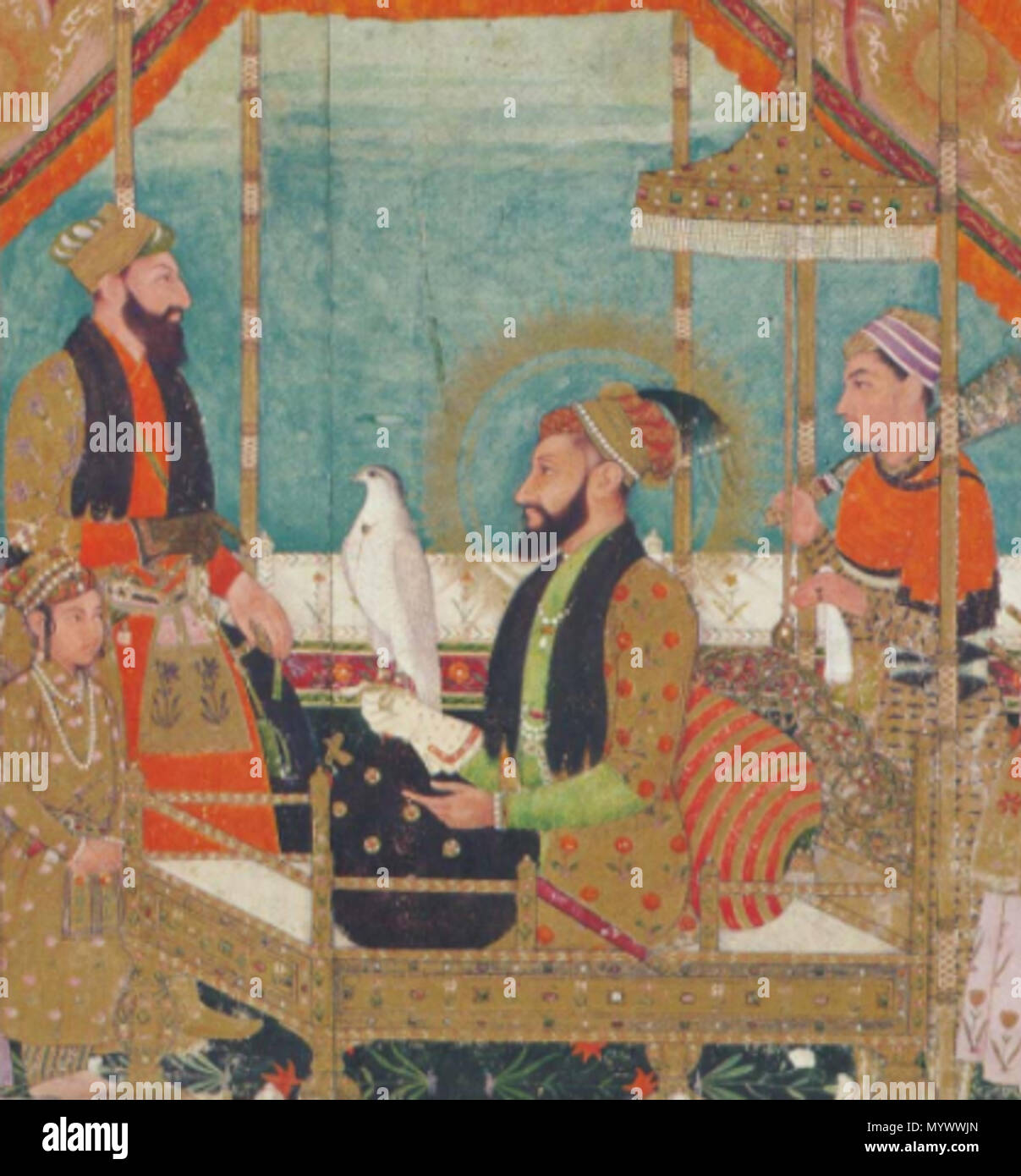 . English: Aurangzeb is seated on the throne. His son Azam Shah stands ...