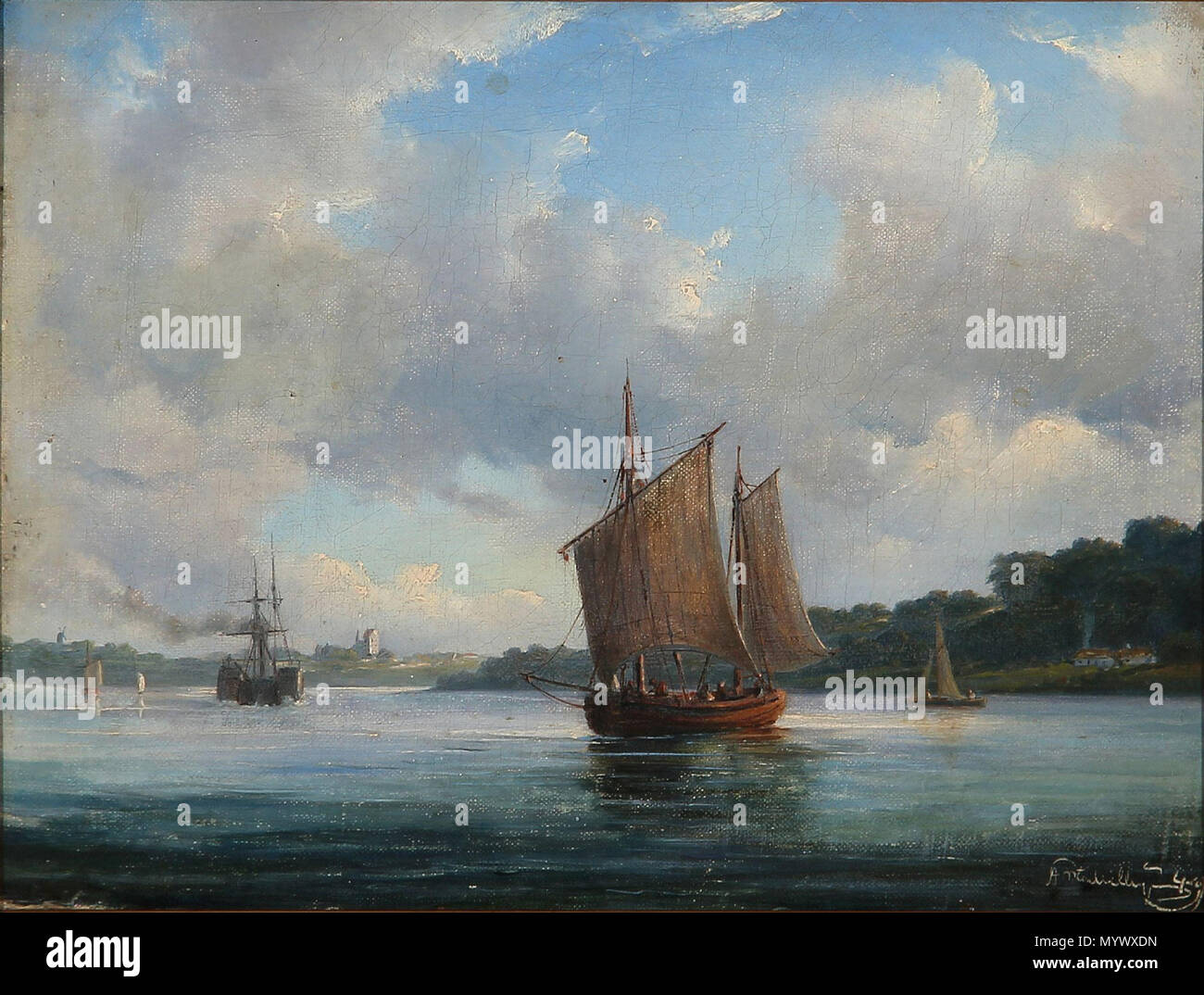 370 Anton Melbye - Fjord scene med fiskerbåde og en hjuldamper (1849 ...