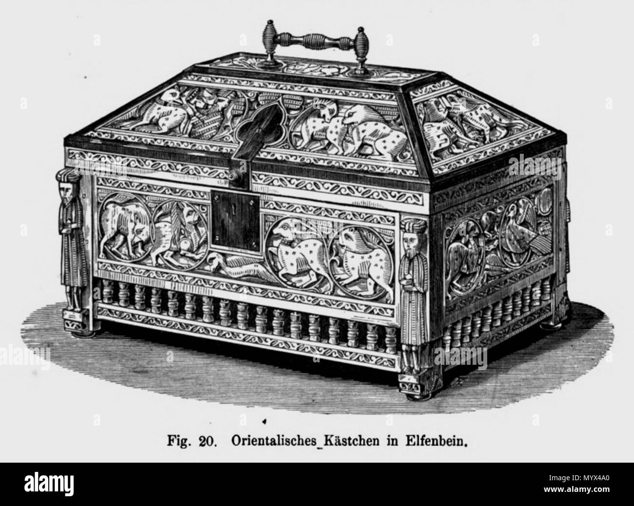 . English: Woodcut illustration of a carved ivory reliquary box with ...