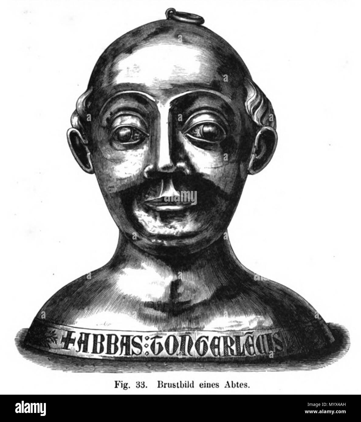 . English: Woodcut illustration of a silver head reliquary of Saint ...