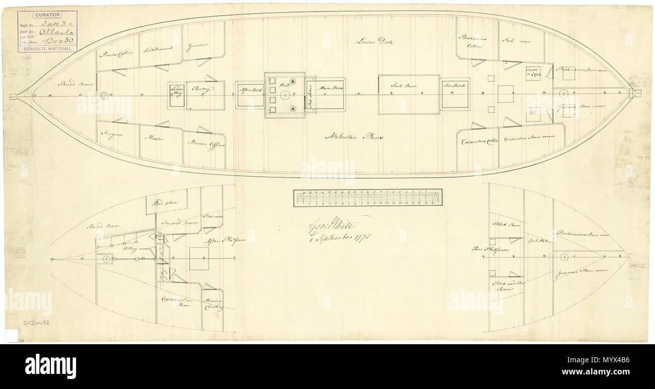 . English: Atalanta (1775) Scale: 1:48. Plan showing the lower deck ...