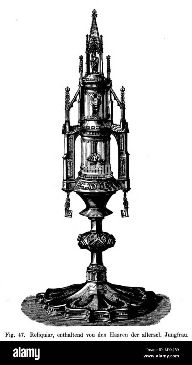 . English: Woodcut illustration of an ostensorium (14th c.) with relics ...