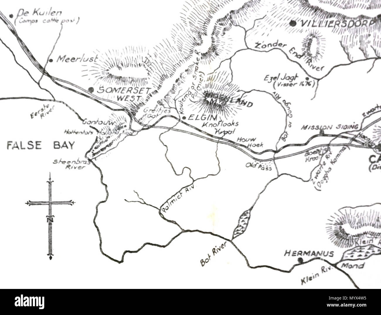 . English: Early map of Somerset West, Palmiet river, Elgin valley, and ...