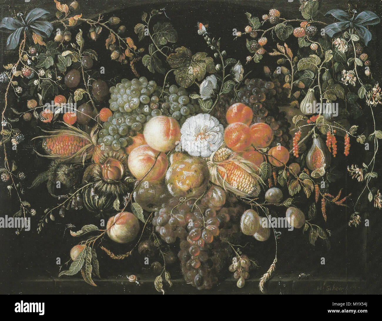 . English: Fruit garland, wood, 21.5 x 27.5 cm . circa 1680. Hendrick ...