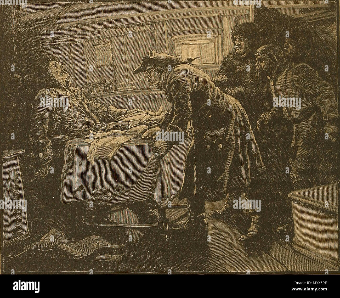 . English: Captain Warrens peers into the face of a dead man on the ...