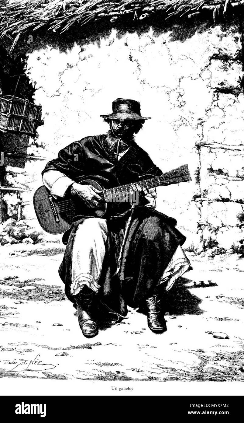 . English: Drawing of an Argentine gaucho playing his guitar. . 1886 ...