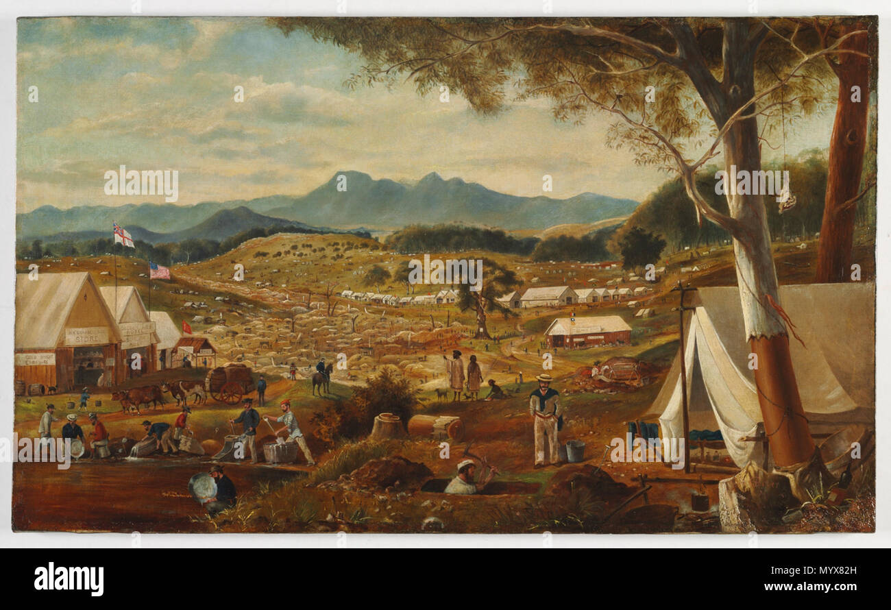 . English: Painting of the gold diggings at Ararat, Victoria, Australia ...