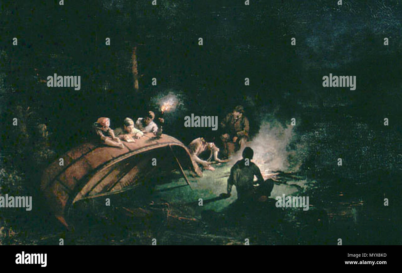 . Canoe Party around Campfire . Canoe Party around Campfire . circa ...